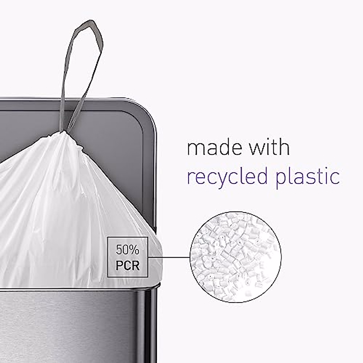 simplehuman Extra Strong Tall Kitchen 13 Gallon Drawstring Trash Bags, 50% PCR content, 100 Count (Pack of 1)