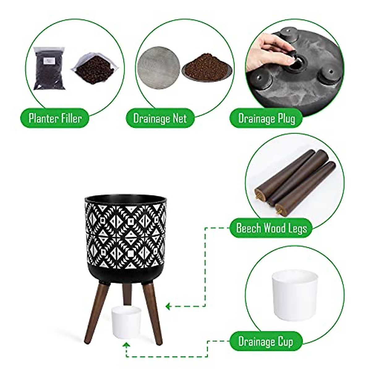 D'vine Dev 10 Inch Planter Pot with Stand, Mid-Century Tall Plant Pot with Legs for Indoor Plants, Medium, Charcoal Grey/White, 88-GM-M-GW