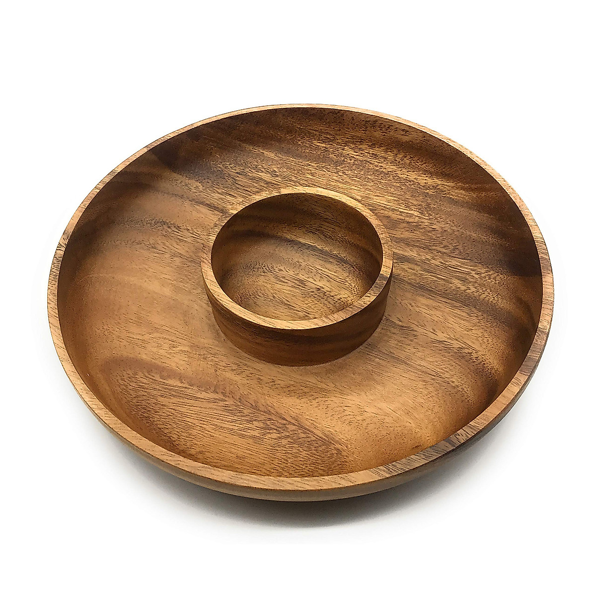 SDS Home Imports Acacia Wood Chip n Dip Bowl For Salsa and Chips Party Elegant Tray Round 9" WIDE 4" Dipping Hole