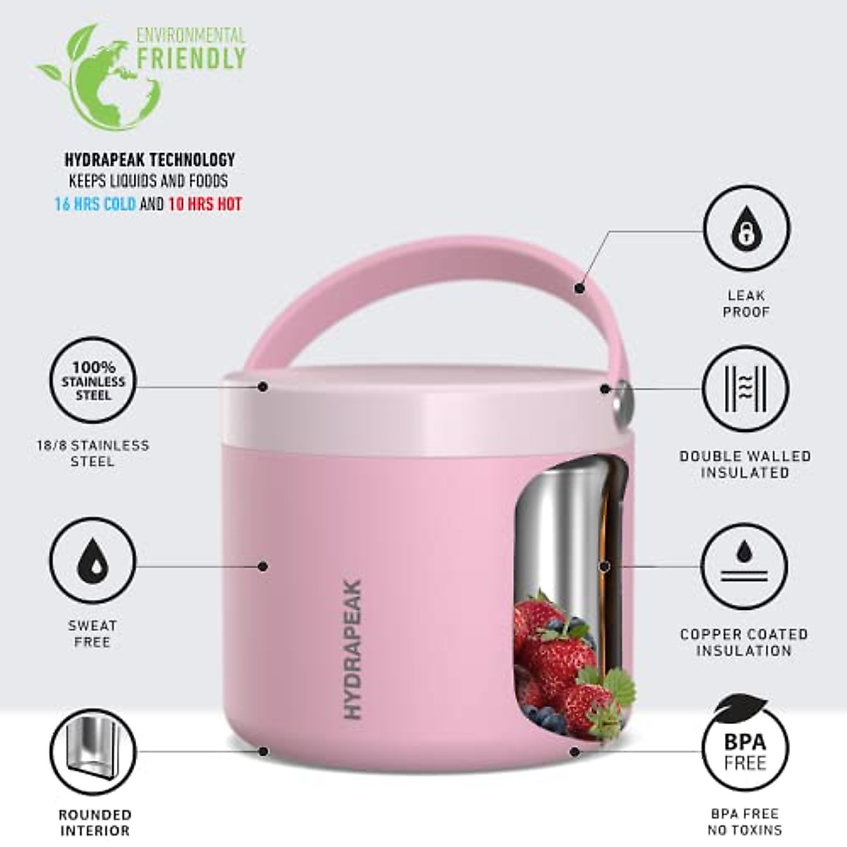 Hydrapeak 18oz Stainless Steel Vacuum Insulated Thermos Food Jar | Kids Thermos for Hot Food and Cold Food, Wide Mouth Leak-Proof Soup Thermos for Adults, 10 Hours Hot and 16 Hours Cold (Pink)