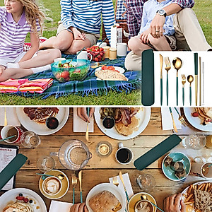 AARAINBOW 8 Pieces Stainless Steel Flatware Set Portable Reusable Cutlery Set Travel Utensils Set Including Chopsticks Knife Fork Spoon Straws Cleaning Brush Dishwasher Safe (Green Golden)