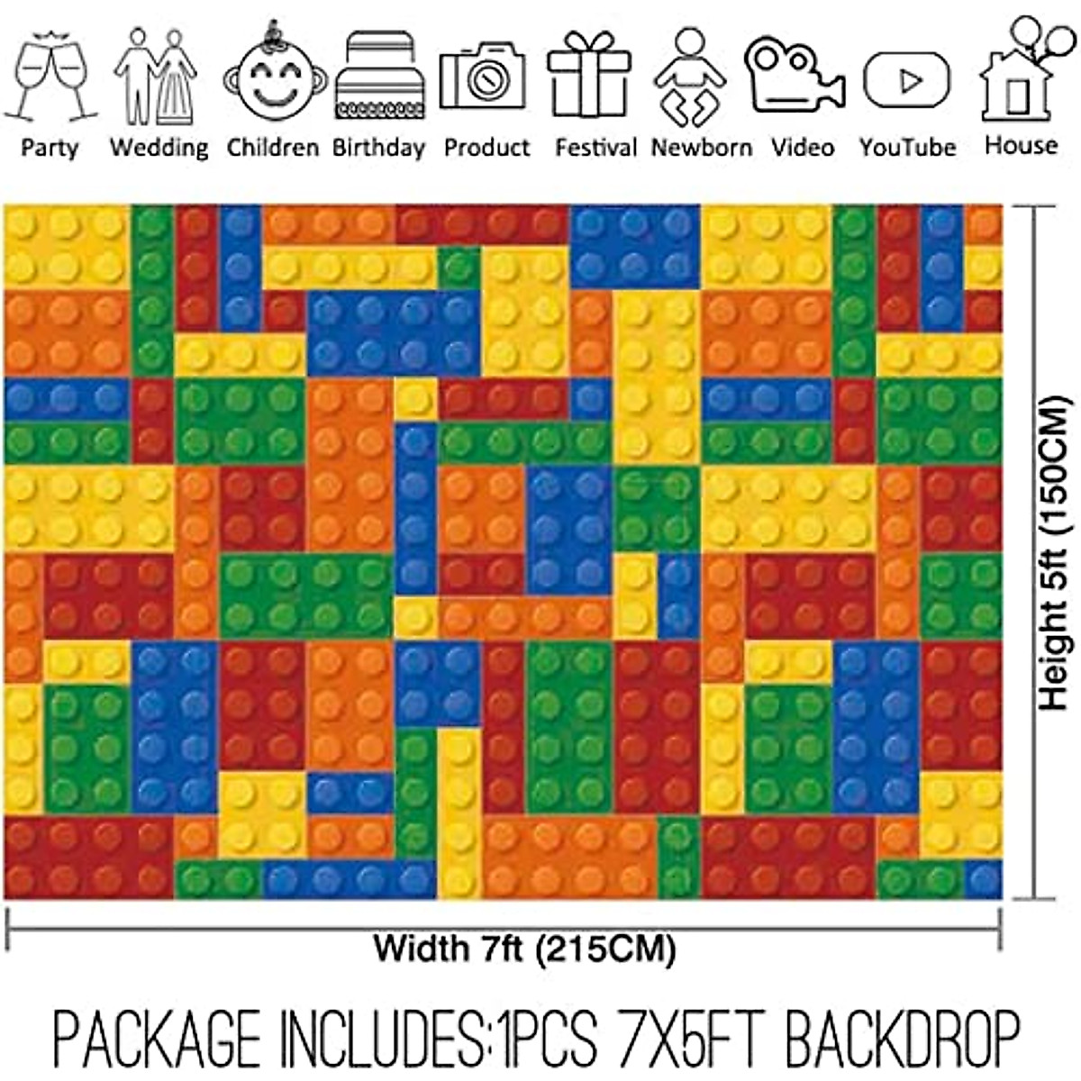 ZTHMOE 84x60inch Building Blocks Theme Backdrop Colored Toy Bricks Photography Background Kids Birthday Party Decorations Cake Table Banner Photo Booth Props