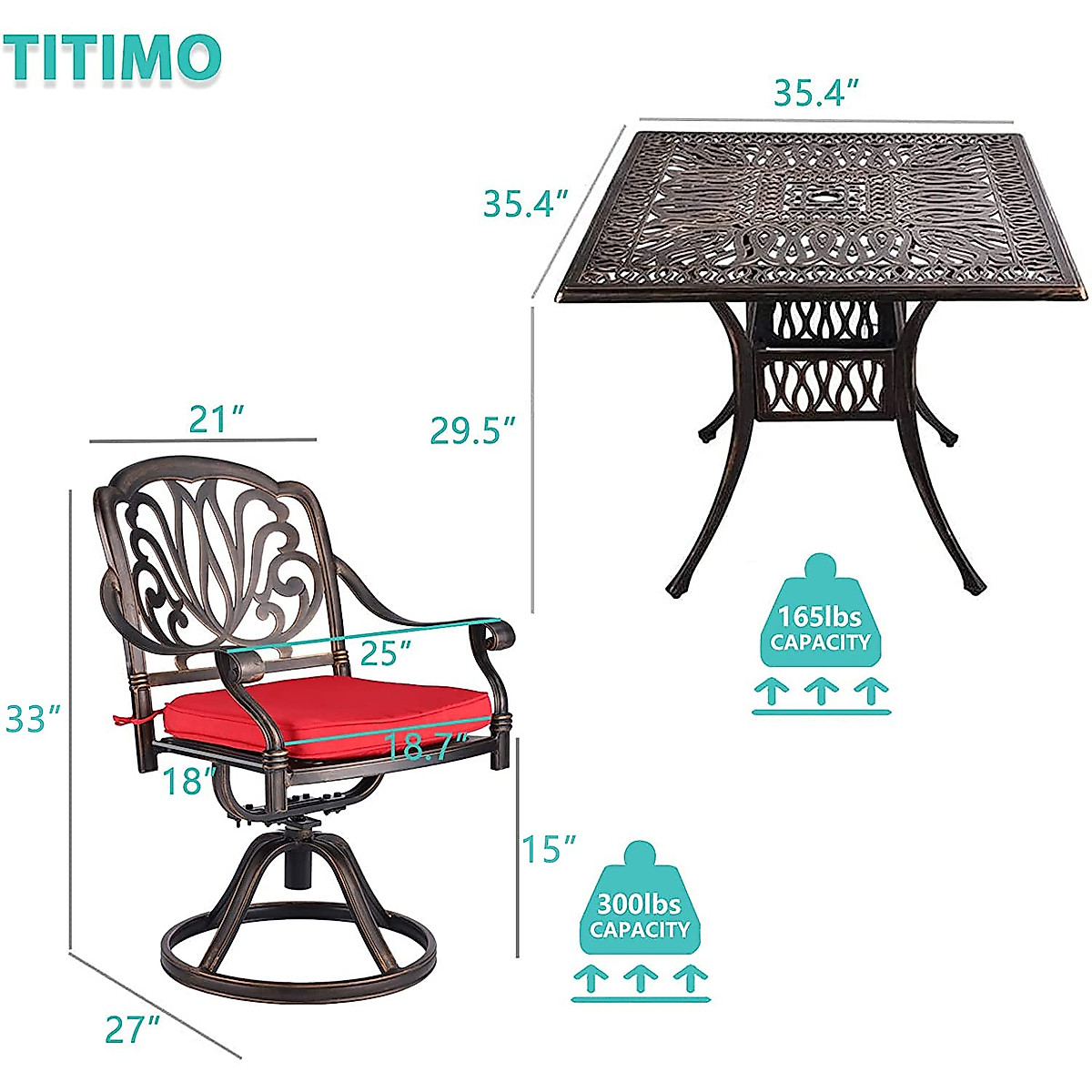 TITIMO 5-Piece Outdoor Dining Patio Set, All-Weather Cast Aluminum Furniture Set Includes 4 Swivel Rocker Chairs with Cushions and 35.4" Square Table with Umbrella Hole for Yard Garden Deck (Red)