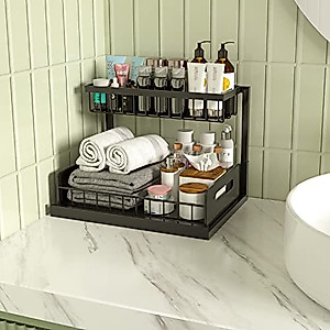 Under Sink Organizers and Storage, Pull Out Cabinet Organizer with Sliding Drawer 2 Tier Multi-purpose Bathroom Shelf Organizer Black for Kitchen Bathroom Storage