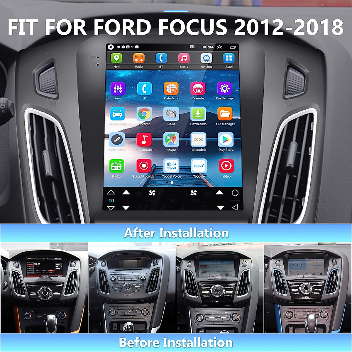 9.7 inch Android Car Stereo Radio for 2012 2013 2014 2015 2016 2017 2018 Ford Focus, Podofo Vertical HD IPS Touch Screen Bluetooth Radio with Mirror Link GPS Navigation Wifi FM Radio Backup Camera Mic