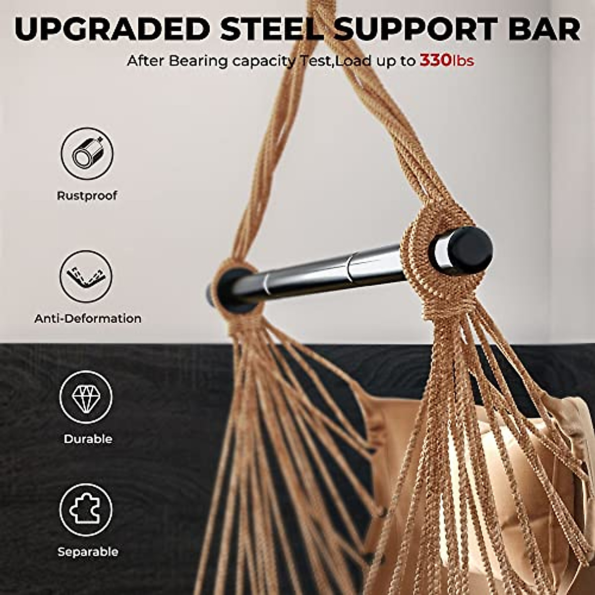 Giantex Hanging Chair Hammock Swing Chair - with Sturdy Steel Hanging Bar, Comfortable Headrest Pillow, 2 Cushions, Pocket Macrame Swing Chair for Bedroom, Living Room, Max 330 Lbs Swing Seat (Beige)