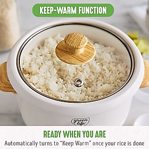 GreenLife 6-Cup Rice Cooker Steamer, PFAS Free Removable Ceramic Nonstick Pot, Auto Presets, Wood Print Handle, Keep Warm Function, One Touch Design, Dishwasher Safe, Measuring Cup, Rice Paddle, Cream