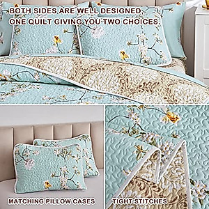 Joyreap 3 Pieces Reversible Floral Quilt Set Aqua, Microfiber Soft Quilt, Elegant Flower Design Bedspread, Lightweight Bed Cover for All Season, 1 Quilt n 2 Pillow Shams (Full/Queen, 90x90 inches)