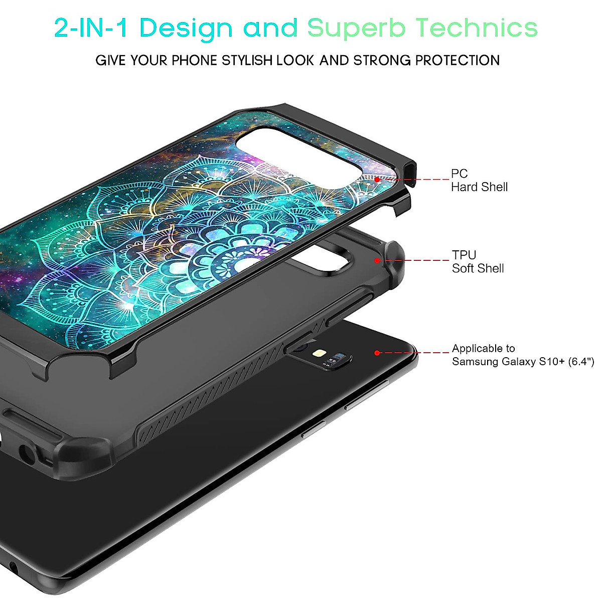 BENTOBEN Galaxy S10 Plus Case,Slim Fit Glow in The Dark Shockproof 2 in 1 Hard PC Soft Bumper Dual Layer Hybrid Protective Cover for Samsung Galaxy S10 Plus 6.4" Case, Mandala in Galaxy