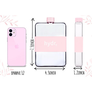 hydr | 15oz Flat Water Bottle For Purse & Flexible Cleaning Brush | BPA Free Square Water Bottle | Leak/Drop Proof Slim Water Bottles For Travel, small water bottle