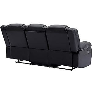 Eafurn PU Leather Double Center Console, Manual Recliner w/Easy Pull Handles and Adjustable Footrest, 3-Seater Sofa & Couch for Living Room Theater Seating RV Furniture, Black
