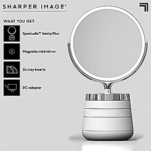 Sharper Image Spastudio Vanity Plus 10-Inch LED Mirror with Storage Trays, Touch-Activated Brightness Controls, Dimmable Halo Light Ring, 5X and 10X Magnification