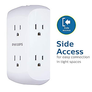 PHILIPS 6-Outlet Extender with Resettable Circuit Breaker, Grounded Adapter, Multi Outlet Wall Charger, Side Access, Space Saving Design, Wall Tap, White, SPS1460WH/37