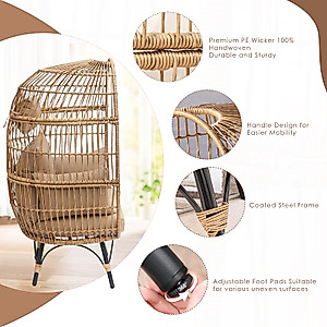 RADIATA Oversized Wicker Egg Chair w/ 5 Cushions 440lb Capacity Lounge Basket with Strong Heavy-Duty Steel Frame for Indoor Outdoor Patio Backyard Living Room (Beige)