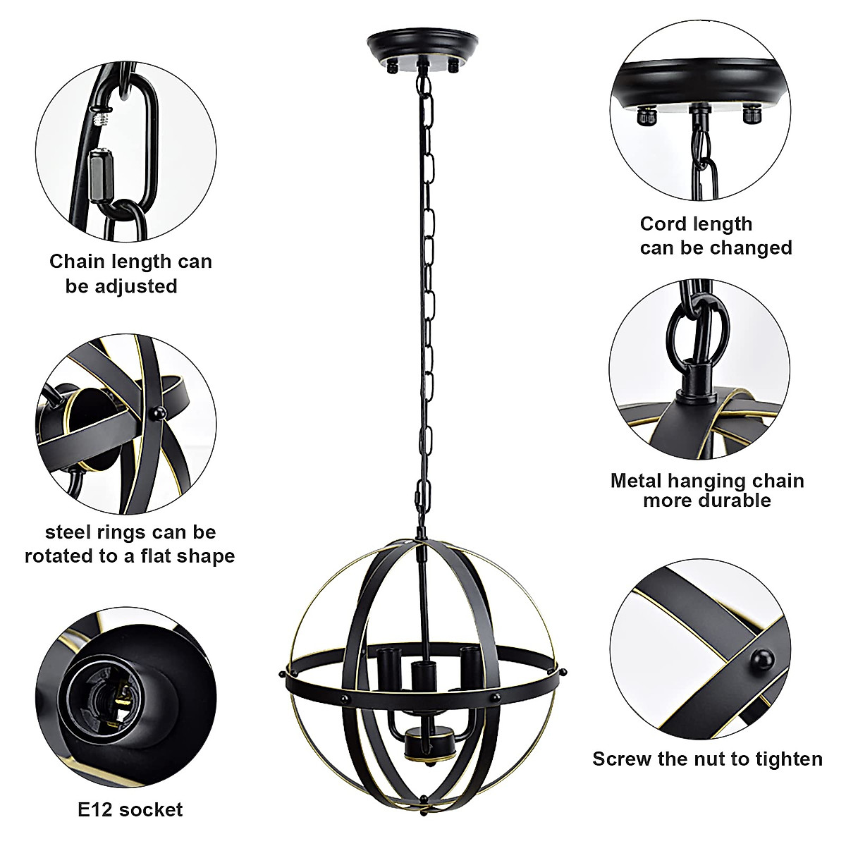 DLLT Chandelier Farmhouse Hanging Lighting, 3 Lights Globe Ceiling Light Fixture, Metal Swag Pendant Lighting for Kitchen, Dining Room, Living Room, Hallway, Bedroom, Entryway, E12 Base Gold