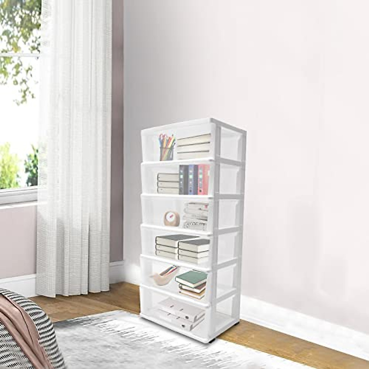 6 Tier Stackable Storage Drawer Rolling Storage Cart Plastic Drawer Organizer Foldable File Storage Cabinet for Office, Dorm, Desk, Countertop, Living Room (White+Clear)