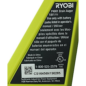 Ryobi P4001 One+ 18V Lithium Ion All-In-One 25 Foot Drain Auger for Sinks or Toilets (Battery Not Included, Power Tool Only)