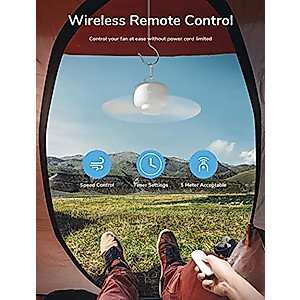 JISULIFE Camping Fan 8000mAh Battery Operated, Portable Tent Fan Rechargeable with Remote Control, Camping Fan with Detachable Fan Blades, Hanging Hook, Timer, 4 Speeds for Outdoor Dorm-White