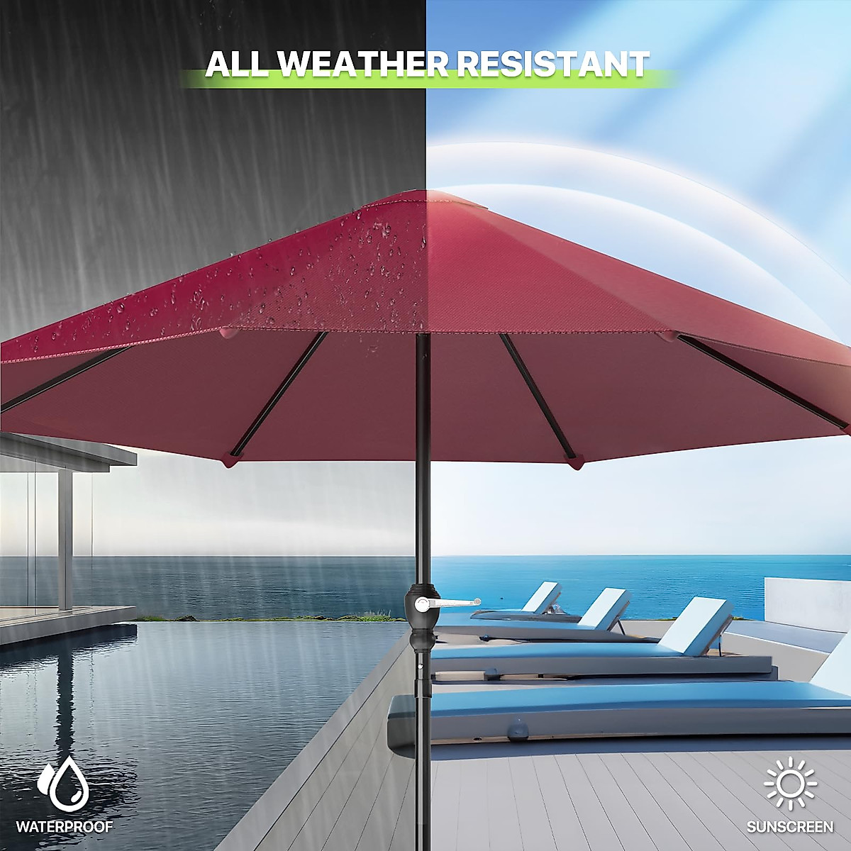 Magshion 9FT Outdoor Market Patio Umbrella, Large Waterproof Sun Umbrella with Crank Lift & 8 Steel Ribs, Sturdy Pole for Garden, Deck, Backyard & Pool (Red)