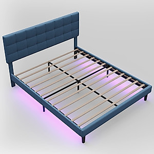 MegaChunk Queen Size Upholstered Platform Bed with Adjustable Linen Headboard and RGB Lights - Sturdy Bed Slats System, No Box Spring Needed - Blue