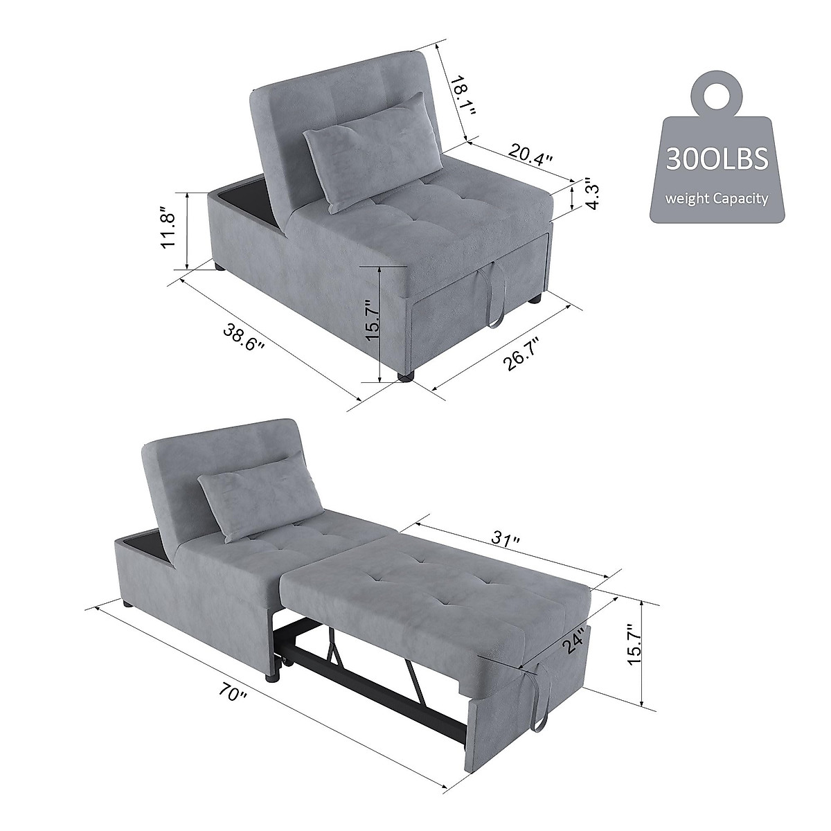 LEVNARY Convertible Chair Bed Sleeper, Velvet 4 in 1 Single Sofa Folding Chair Ottoman, Pull Out Small Couch Ottoman Bed for Home Living Room (Velvet Grey)