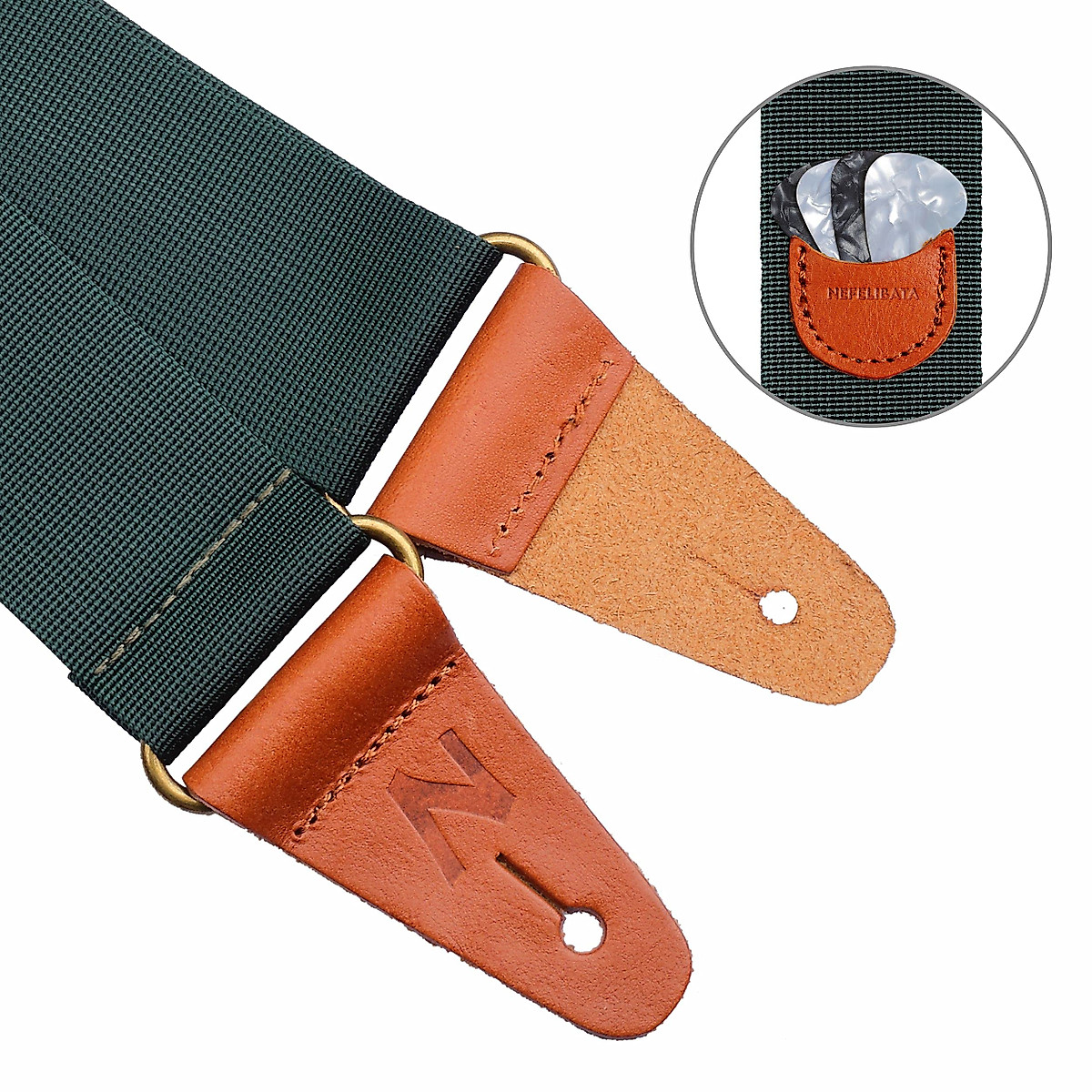 Nefelibata Guitar Strap, Nylon Full Grain Leather Ends Guitar Straps with Pick Pocket for Bass, Electric & Acoustic Guitar, Come with Free Strap Button, 1 Pair Strap Locks and 4 Guitar Picks(Green)