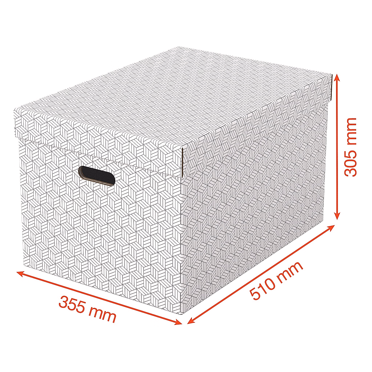 Esselte Large Storage Box With Lid, Pack Of 3, Home/Office Storage & Organisation, 100% Recycled Cardboard, 100% Recyclable, Geometric Design, White, 628286