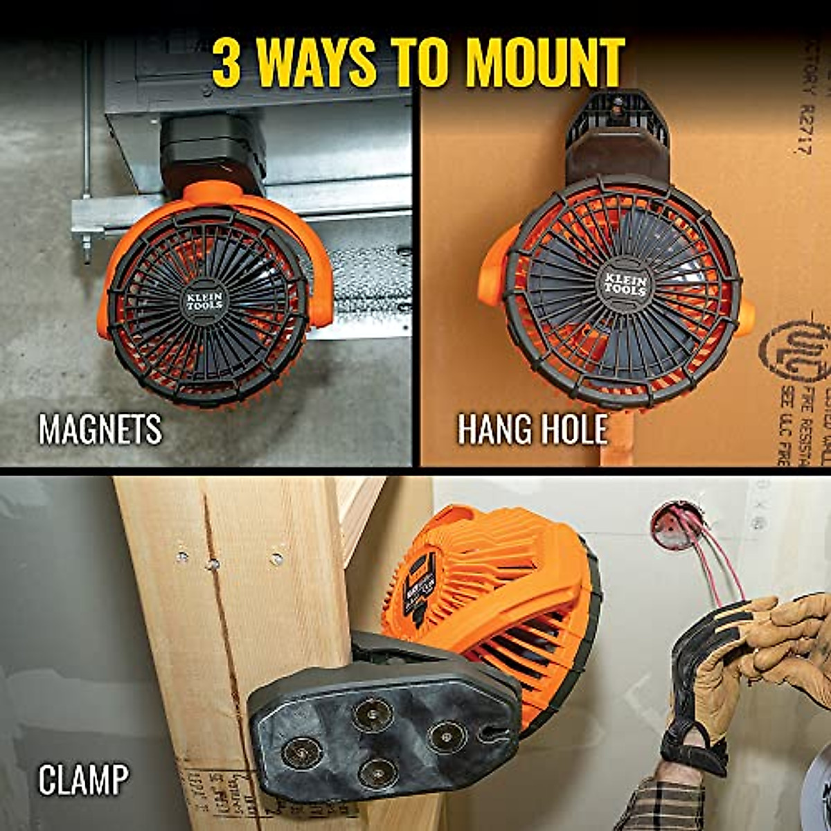 Klein Tools PJSFM2 Lithium Battery Operated Fan, Rechargeable Mini USB Fan with Clip On, Hang Hole, and Magnet Mounting, Portable, Orange/Gray