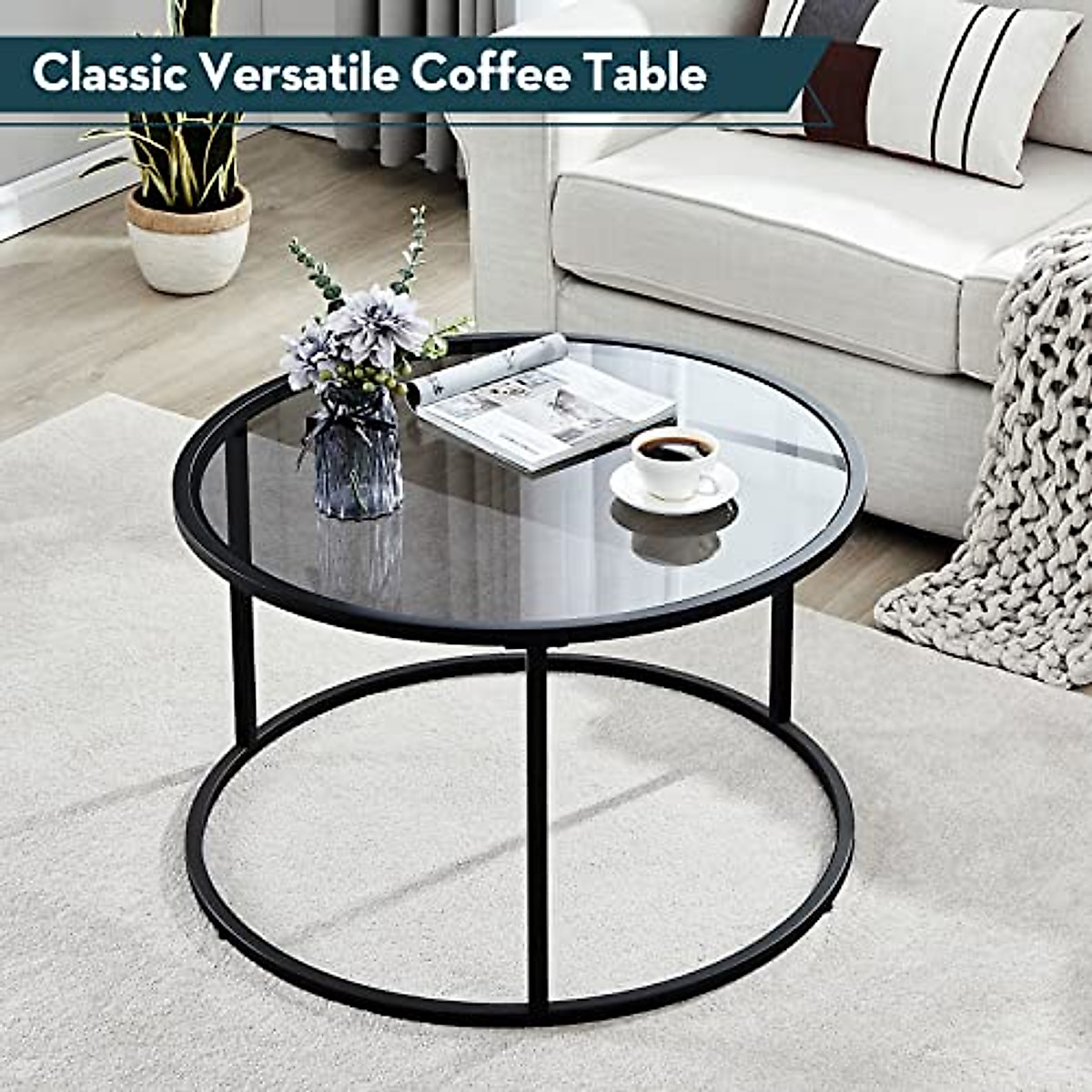 SAYGOER Round Coffee Table Glass Coffee Tables for Small Space Simple Modern Center Table for Living Room Home Office, Sofa Side Table with Metal Steel Frame, Easy Assembly, Gray Black