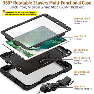 SEYMAC stock Case for iPad Air 3 2019 / Pro 10.5'' with Screen Protector Pen Holder [360° Rotate Hand Strap/Stand], Drop-Proof Case (Black)