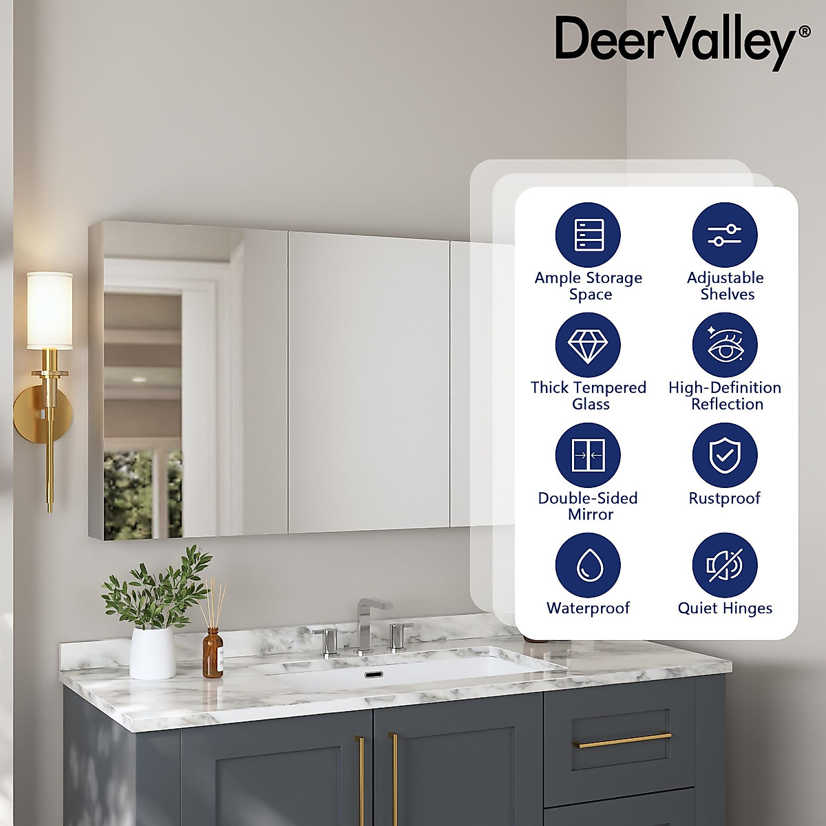 Deer Valley Medicine Cabinet with Mirror, 48" W x 26" H Bathroom Mirror with Storage, 3 Doors Frameless Modern Wall Mount Mirrored Medicine Cabinets with 2 Adjustable Shelves DV-1MC0149