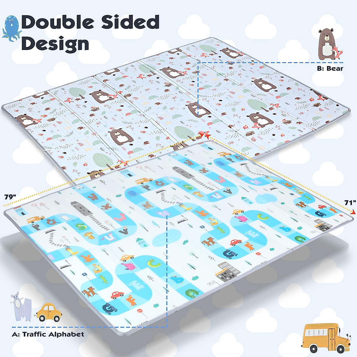 MEM Baby Play Mat 79" x 71", Foldable Baby Play Mats for Floor, Reversible Waterproof Foam Playmat for Babies and Toddlers, Extra Large Non-Slip Baby Crawling Mat with Travel Bag