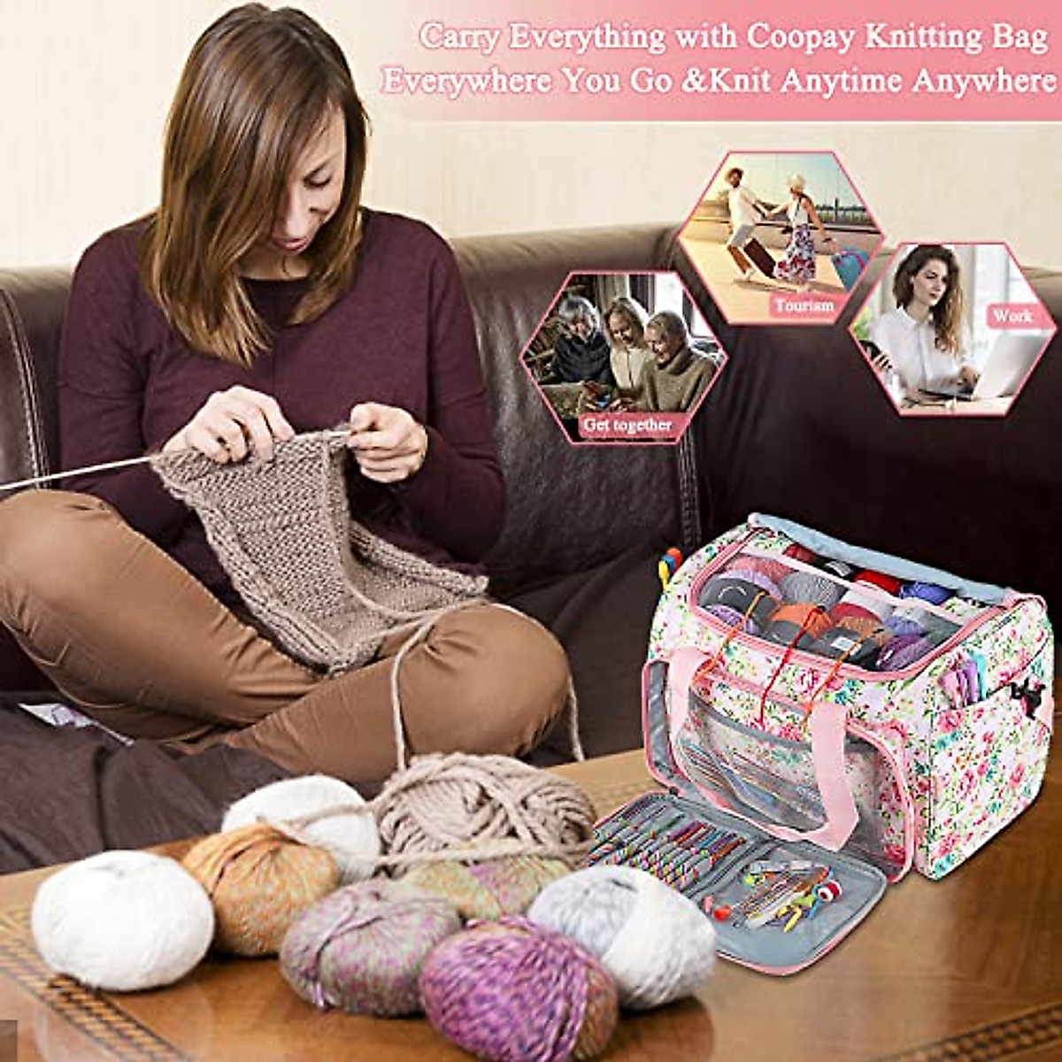 Coopay Yarn Storage Crochet Bag, Large Capacity Yarn Bag for Yarn and Knitting & Crochet Supplies, Knitting Bag with Detachable Shoulder Strap, Beautiful & Portable Knitting Tote Bag(Bag Only)