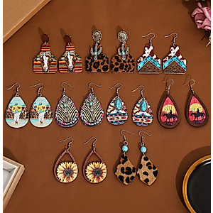 TOBENY 9 Pairs Western Earrings for Women Cowgirl Cowboy Earrings Set Boho Vintage Turquoise Cow Printed Leather Wooden Teardrop Dangle Earrings Western Jewelry for Women