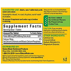 Nature Made Folic Acid 400 mcg (665 mcg DFE), Dietary Supplement for Nervous System Function, 250 Tablets, 250 Day Supply