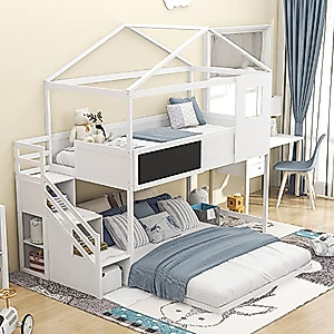 DEYOBED Twin Over Full House Shaped Wooden Bunk Bed with Storage Staircase, Shelves and Blackboard for Kids Teens