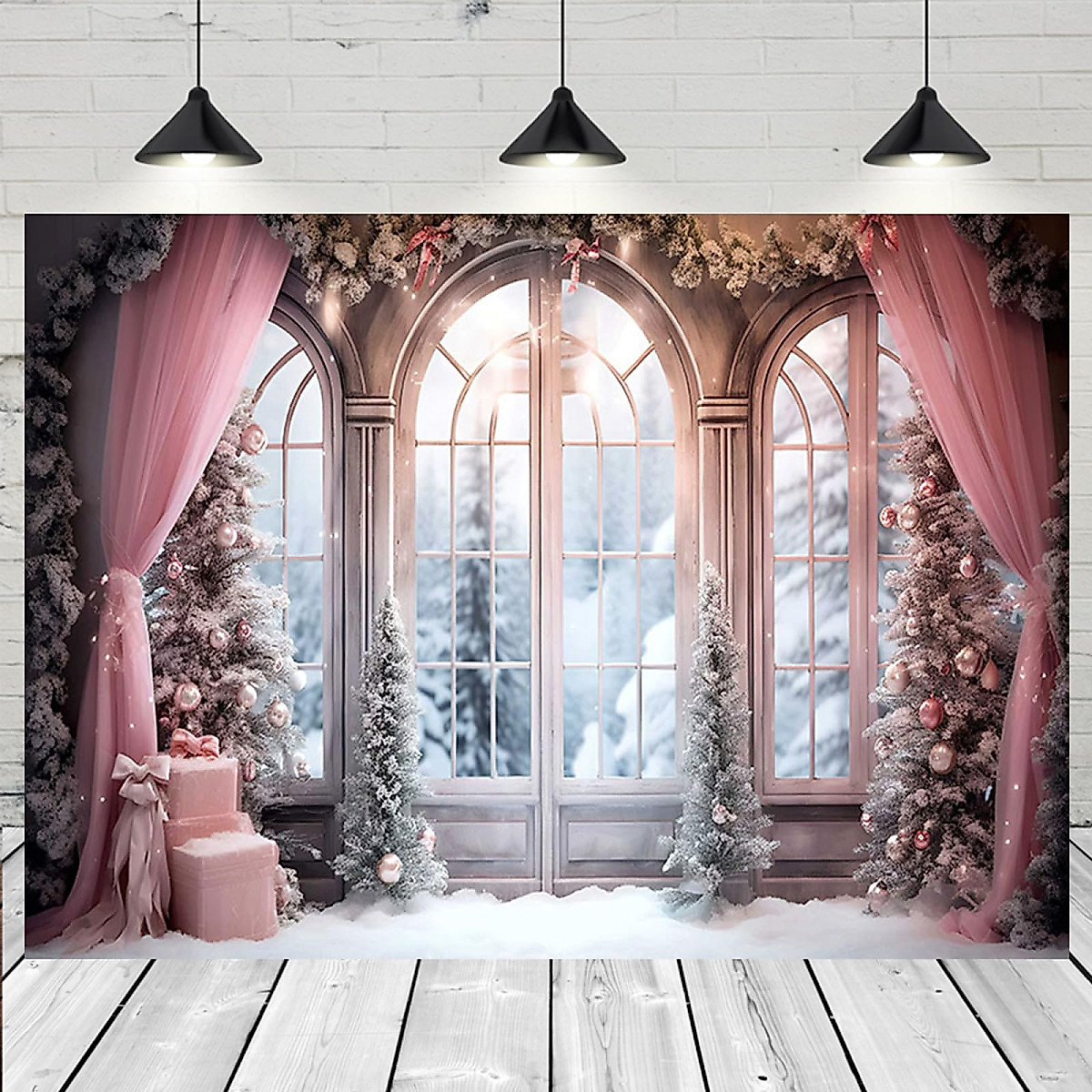 Pink Curtain Winter Xmas Photo Background Christmas Winter Snow Forest Window Photography Background Family Holiday Party Decorations Baby Shower 1st Birthday Backdrop,8X6FT