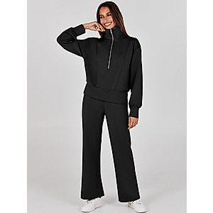 ANRABESS Womens Two Piece Outfits 2024 Fall Sweatsuit Set Half Zip Cropped Sweatshirt Wide Leg Sweatpant Lounge Set Black Medium