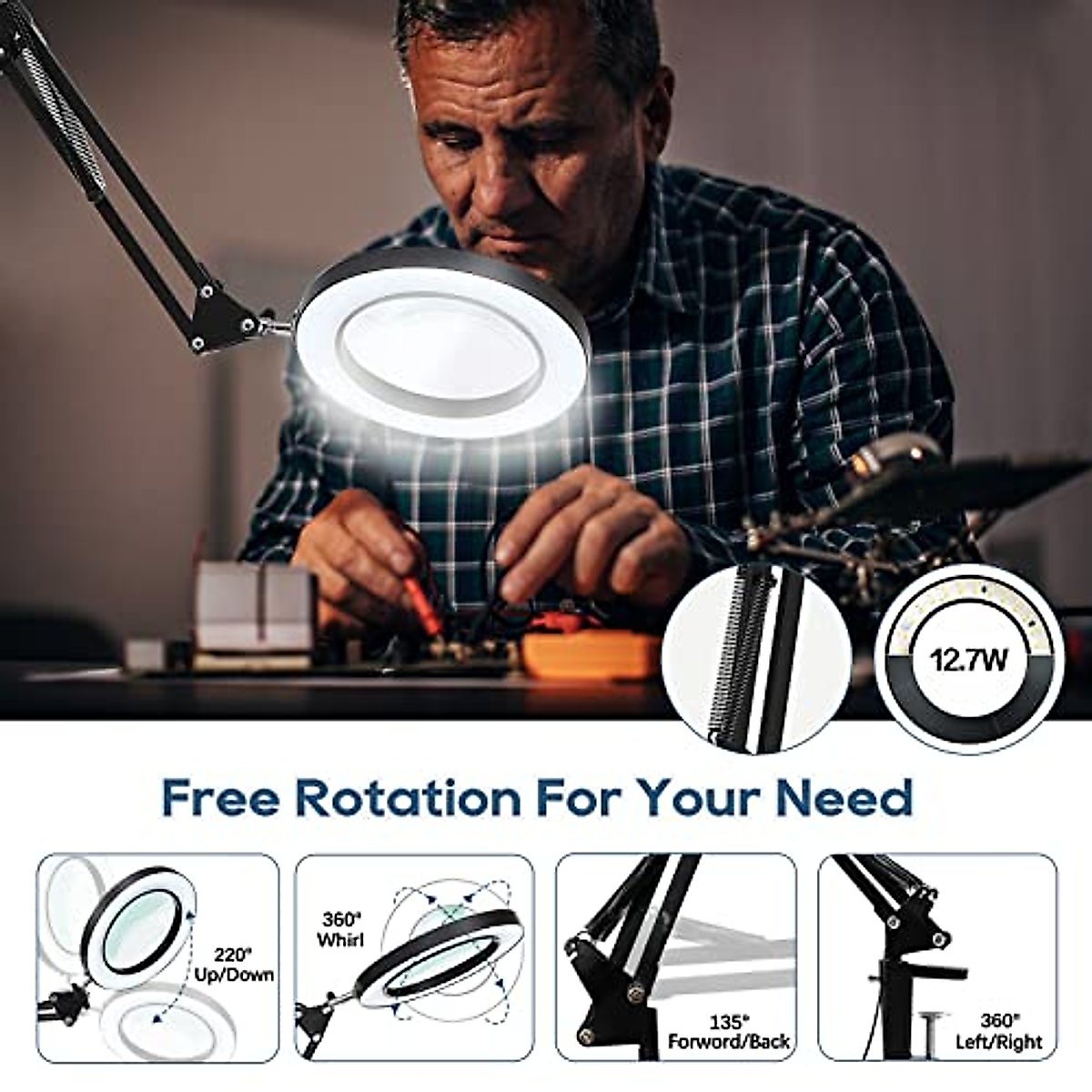 NEW 2-in-1 Magnifier Large Base & Clamp,10X Magnifying Glass with Light and Stand,Remote Control 3 Color Modes 10 Stepless Dimmable,Adjustable Arm Magnifier Lamp for Close Work,Crafts,Painting,Repair.