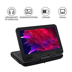 Portable DVD Player with 10.1" High-Definition Swivel Screen, Built-In 5 Hours Rechargeable Battery, Stereo Sound, Region Free,Support USB/SD/AV Out And IN