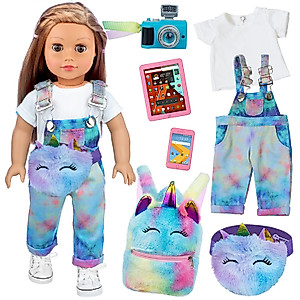 ZITA ELEMENT 7 Pcs 18 Inch Girl Doll Clothes and Accessories - 18 Inch Doll Clothes with Fanny Pack Toy Tablet Phone Camera and Kids Unicorn Backpack - Best Gift for Girls (No Doll)