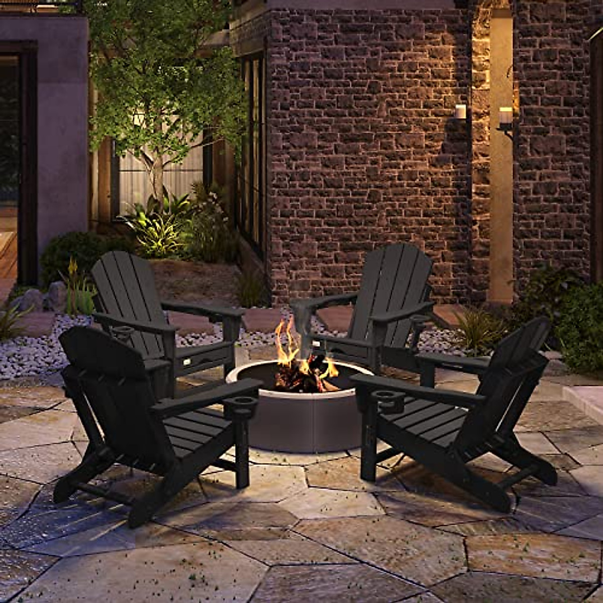 Mdeam Folding Adirondack Chair Lawn Outdoor Fire Pit Chairs Weather Resistant with 2 Cup Holder/Adirondack Retractable Ottoman（Black）