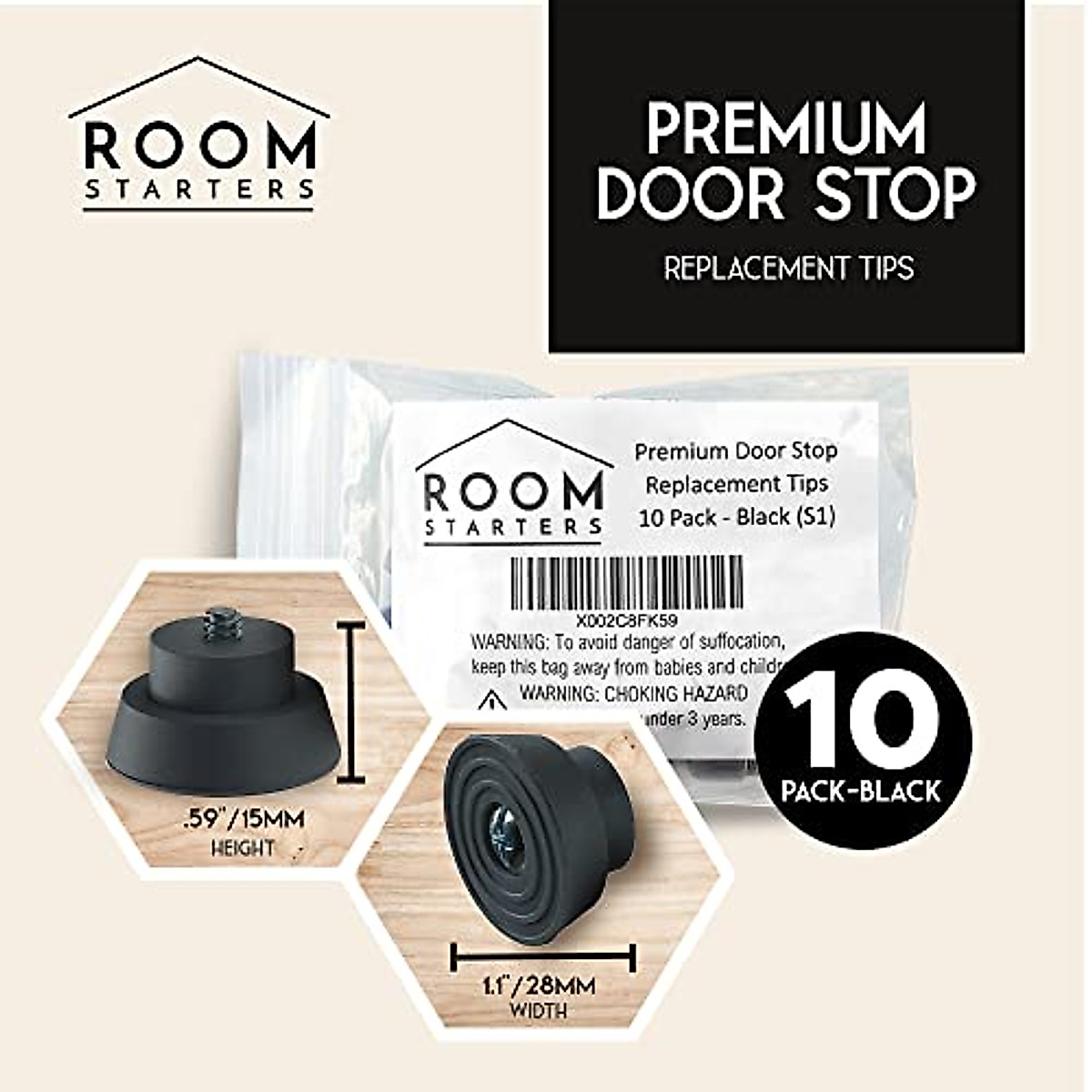Kick Down Door Stop Ultra Grip Rubber Replacement Tip 10 Pack with Screw by ROOM STARTERS Style 1 (Black, 10 Pack)