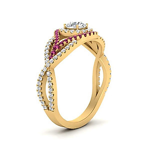 Jewelrygift Round Twisted Pave Double Halo Diamond Ring Yellow Gold Plated Created Pink Sapphire Round Shape Pink Color Double Halo Engagement Ring Prong Setting in Size 4