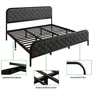 Feonase King Size Bed Frame with Linen Upholstered Headboard, Heavy Duty Metal Platform Bed with 12" Under-Bed Storage Space, No Box Spring Required, Easy to Assemble, Gray