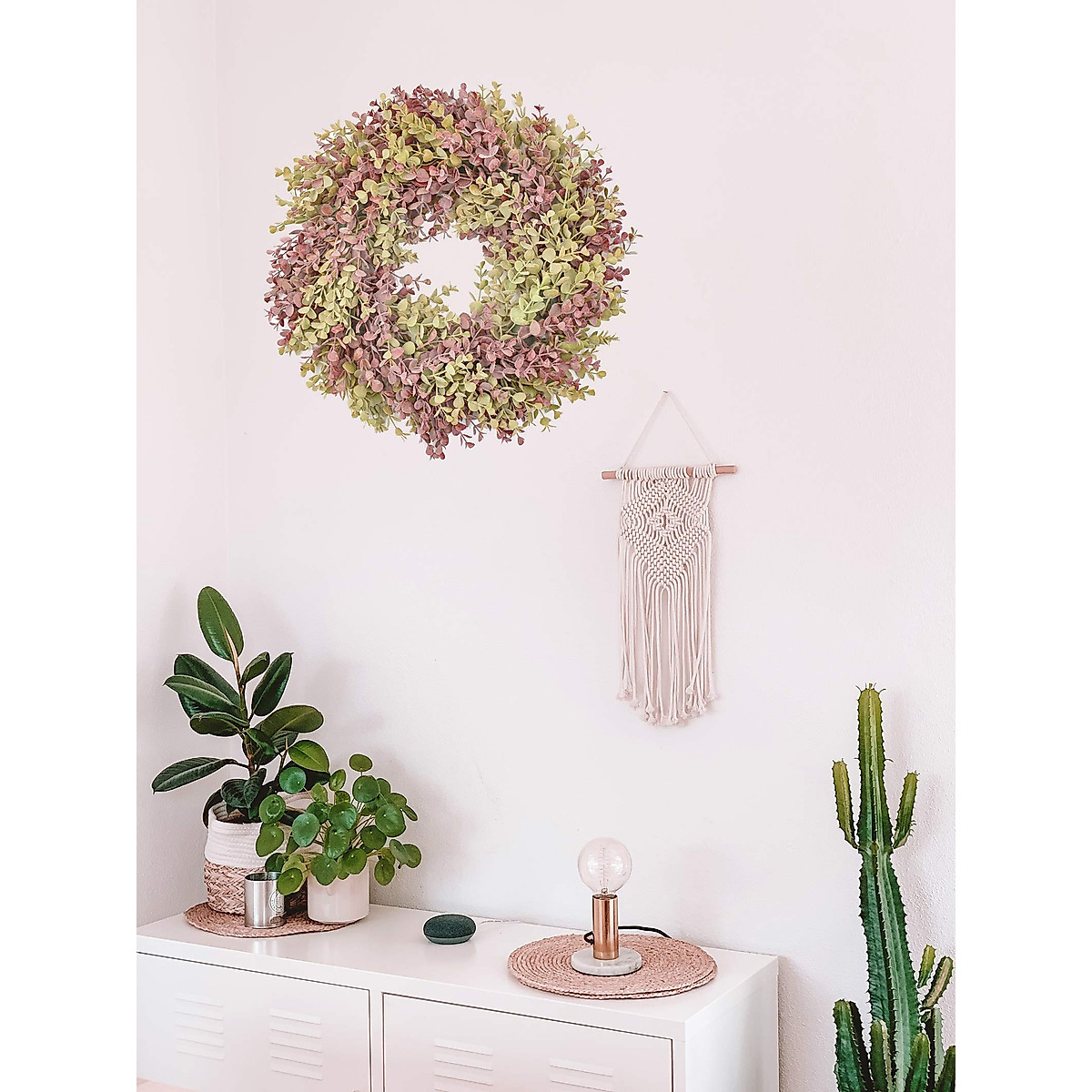 Forevercute 17" Artificial Fall Wreaths Eucalyptus Arrangements Front Door Wall Home Garden Office Wedding Decor (Green Red)