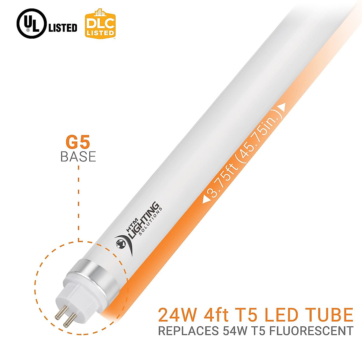 4ft 24W T5 High Output LED Tube Light, 45.75", F54T5 Equal, 5000K (Cool White), Frosted Lens, 3500 lm, G5 Mini Base, 100-277V, Ballast Bypass, Dual-End Powered, LED Shop Light, UL-Listed (24-Pack)