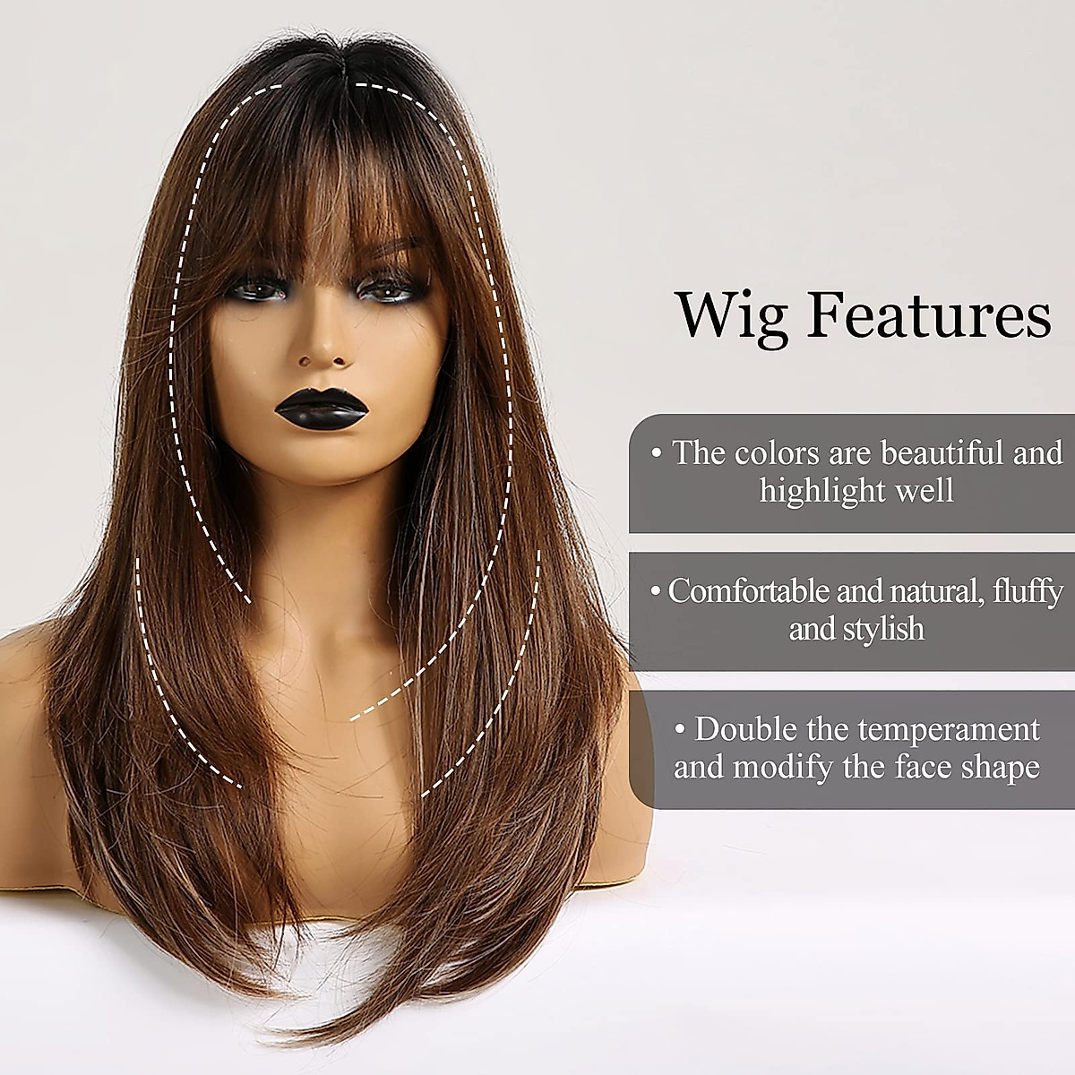 HAIRCUBE Brown Wigs for Women Long Straight layered Wig with Bangs Highlight Colour Heat Resistant Fiber Synthetic Wigs Daily Natural looking