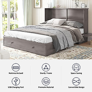 ijuicy Cube Murphy Bed Queen, Murphy Cabinet Chest Bed with Charging Station & 3 Level Foldable Memory Foam Mattress & & Large Drawer for Guests Room (Poplar Grey)