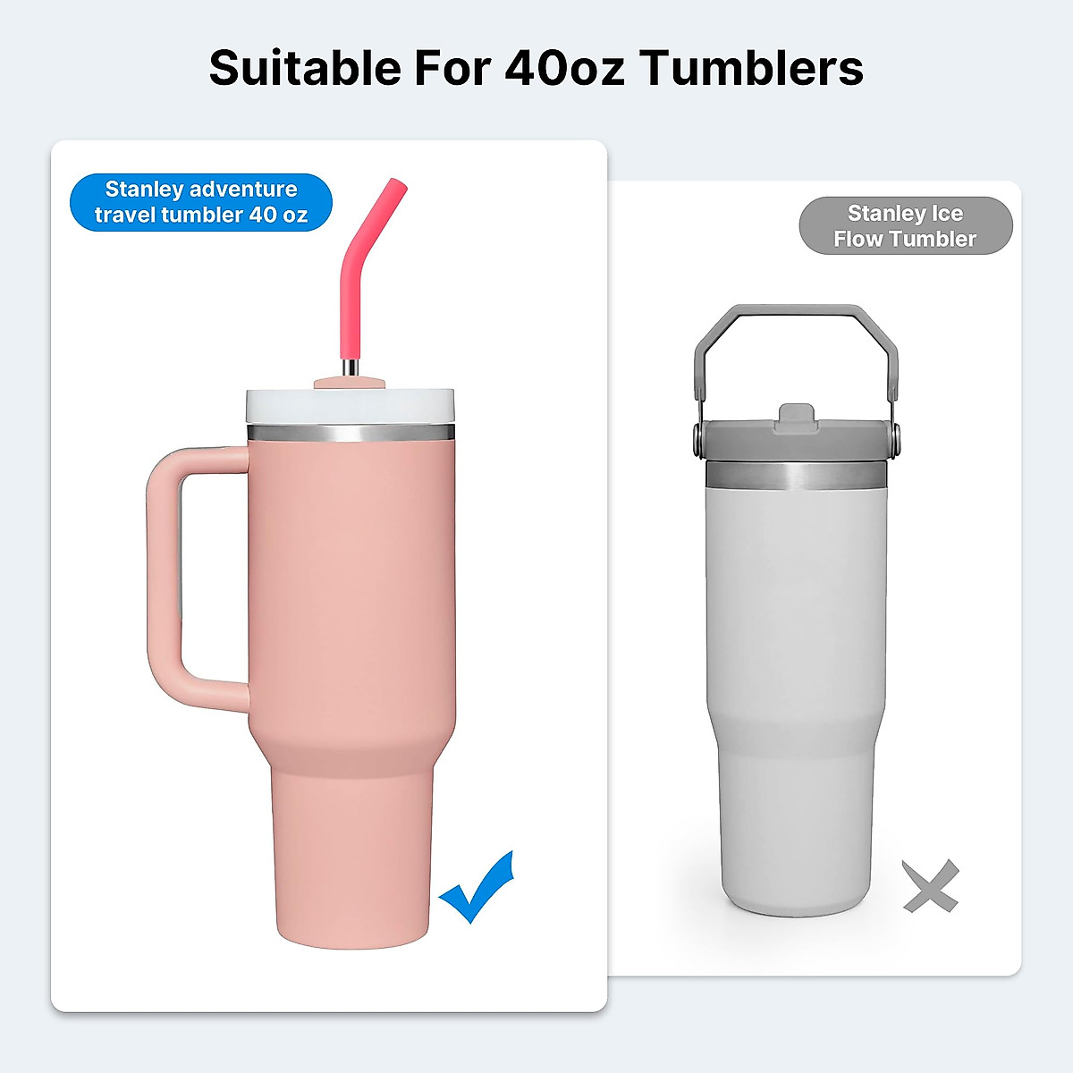 Bluwing 2 Pcs Stainless Steel Straws for 40 oz Stanley Tumbler, Replacement 40 oz Stanley Cup Straw Accessories with Silicone Tips and Cleaning Brush (Pink Dusk)